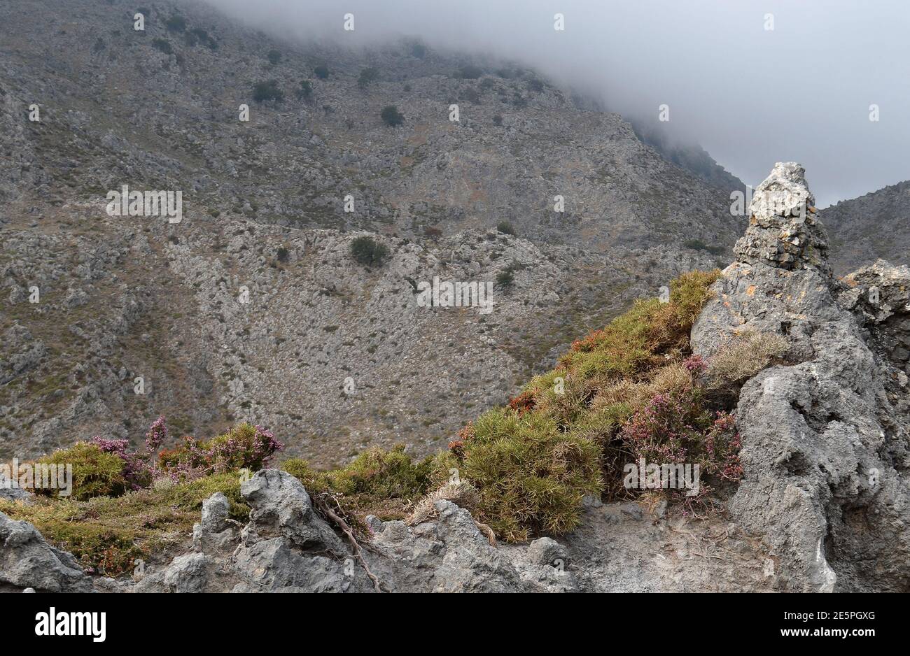 Cloudy Autumn landscape in the rugged rocky rural mountains of Crete ...