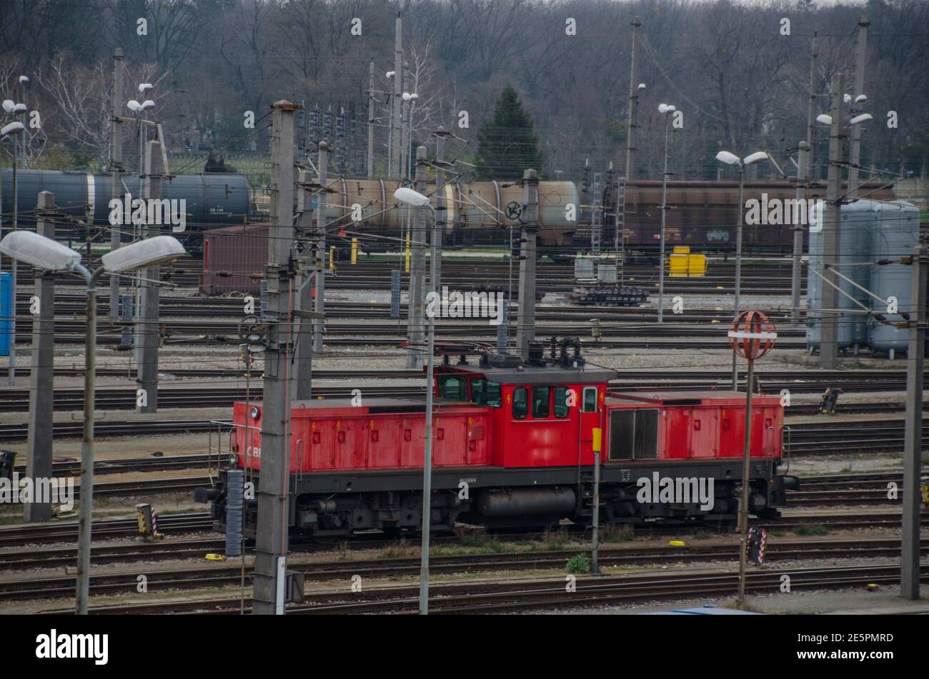red old train and many rails Stock Photo - Alamy