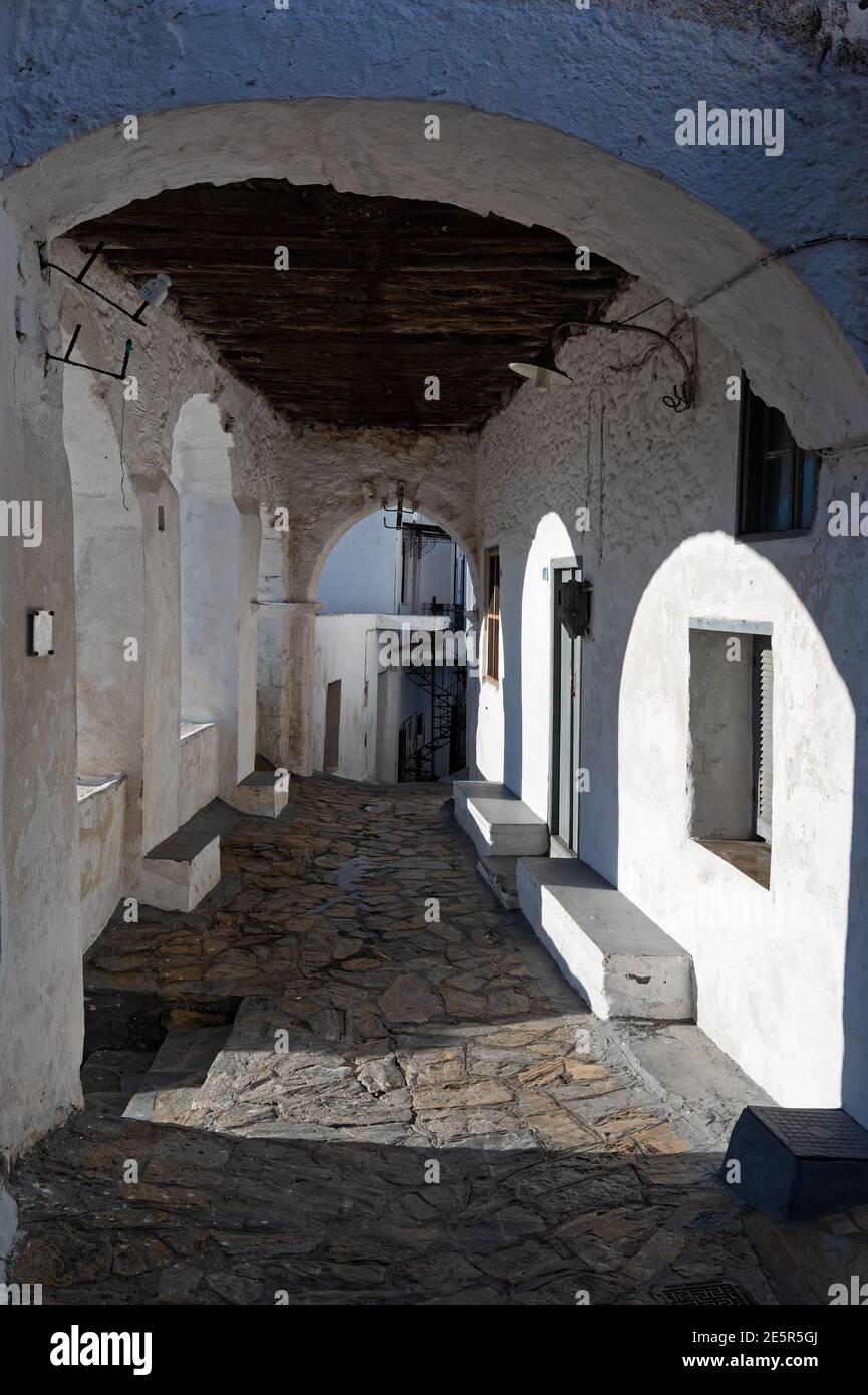 Buildings and narrow street of traditional architecture in Skyros ...