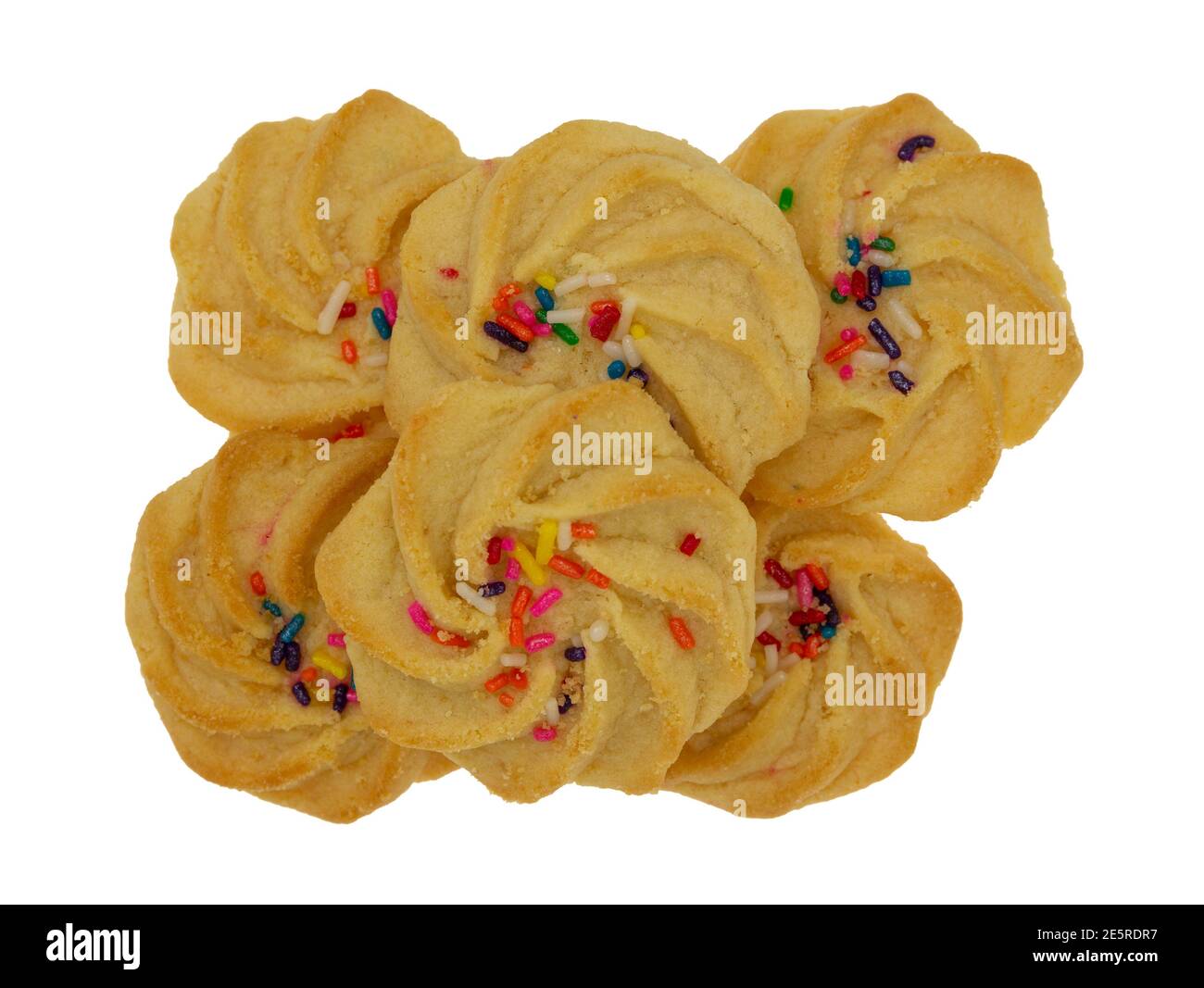 Overhead view of several shortbread cookies with sprinkles isolated on ...