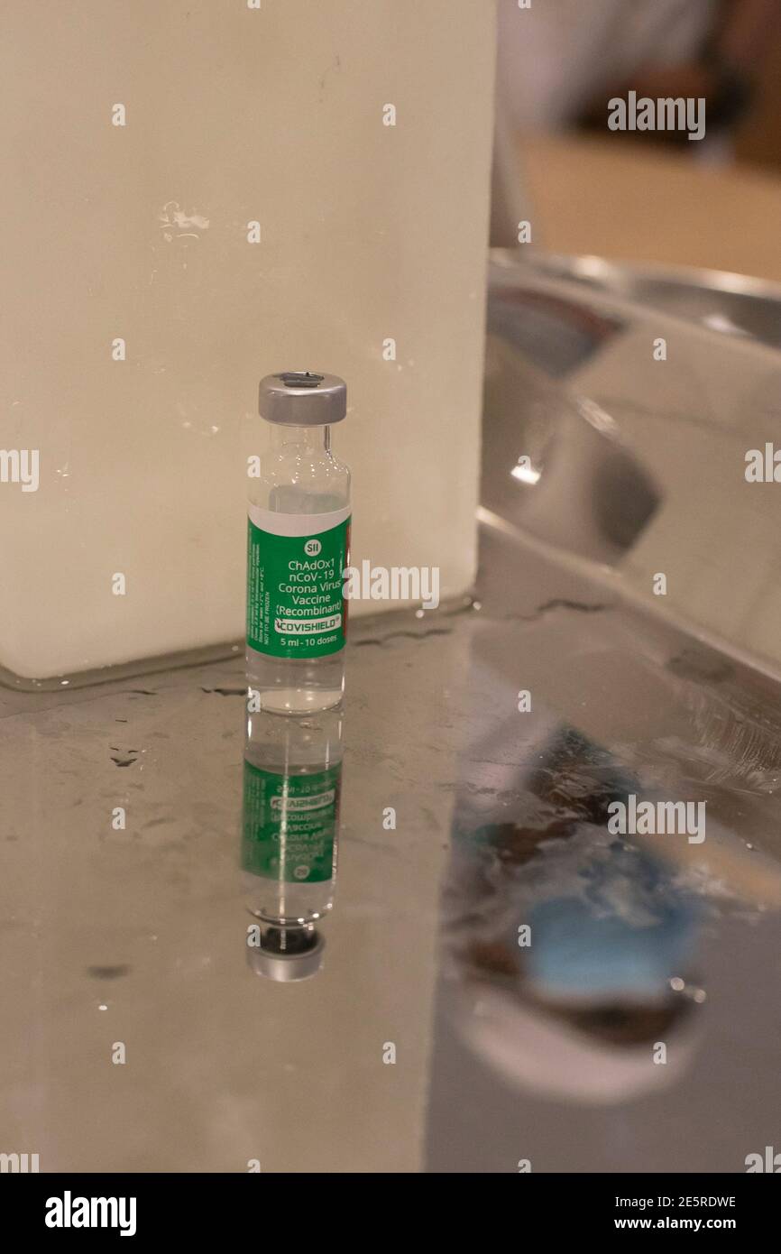 Dhaka, Bangladesh. 28 Jan 2021: A Covishield vaccine vial seen on a ...