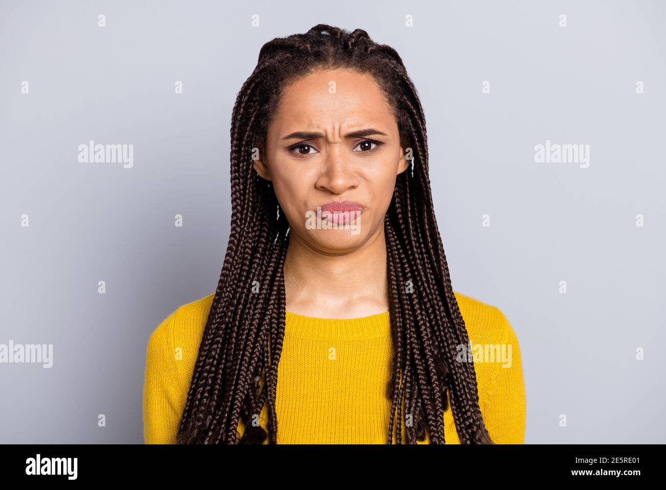 Photo of young african woman unhappy sad dislike disgusted bad smell ...