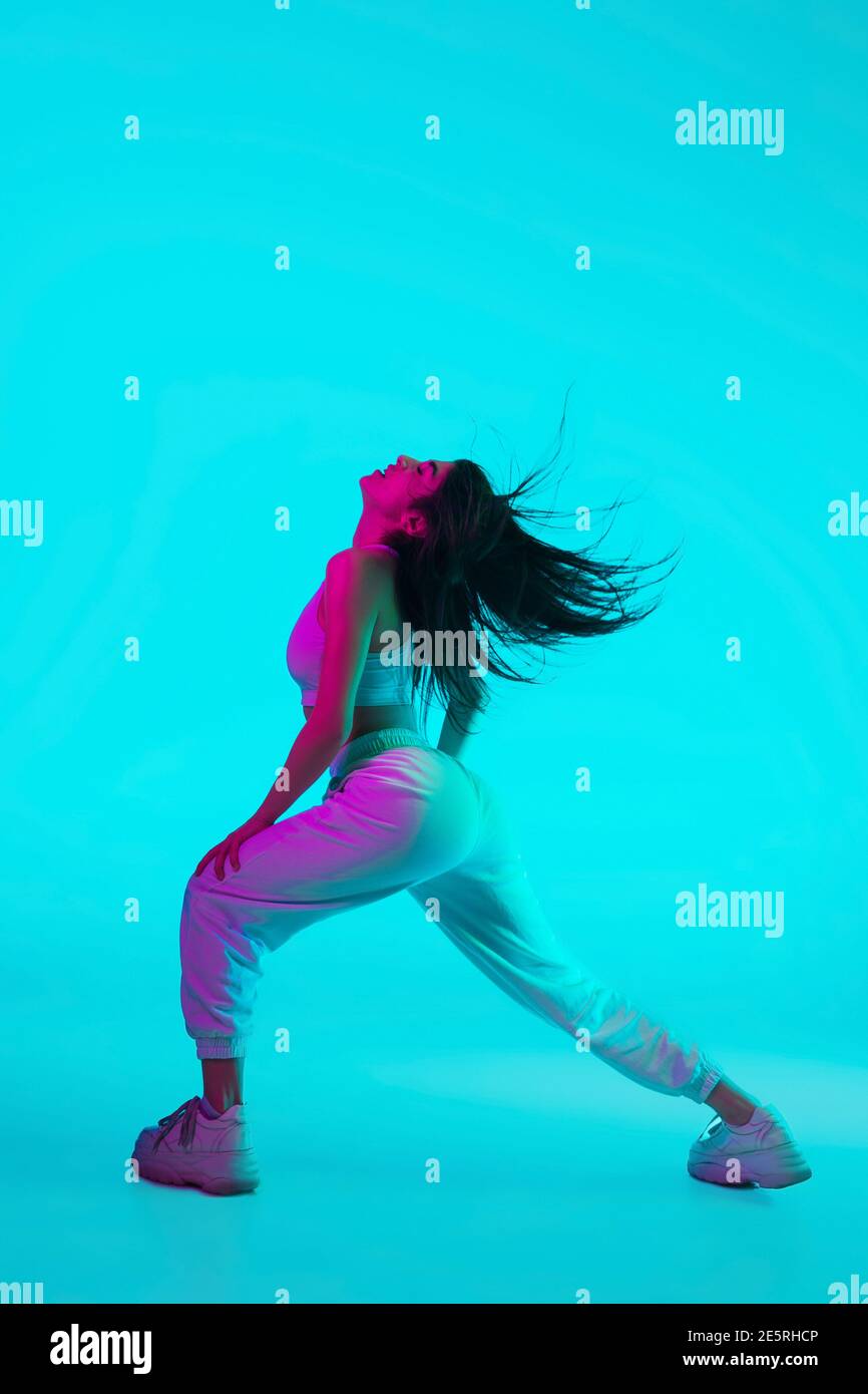 Freedom. Dancing with hair blowed out. Brunette woman's portrait on ...