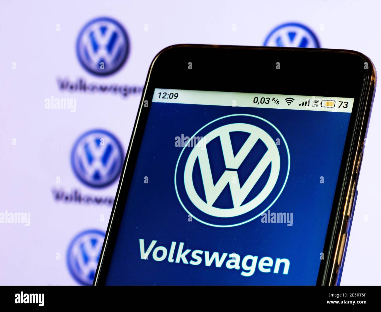 In this photo illustration a Volkswagen Group logo seen displayed on a ...