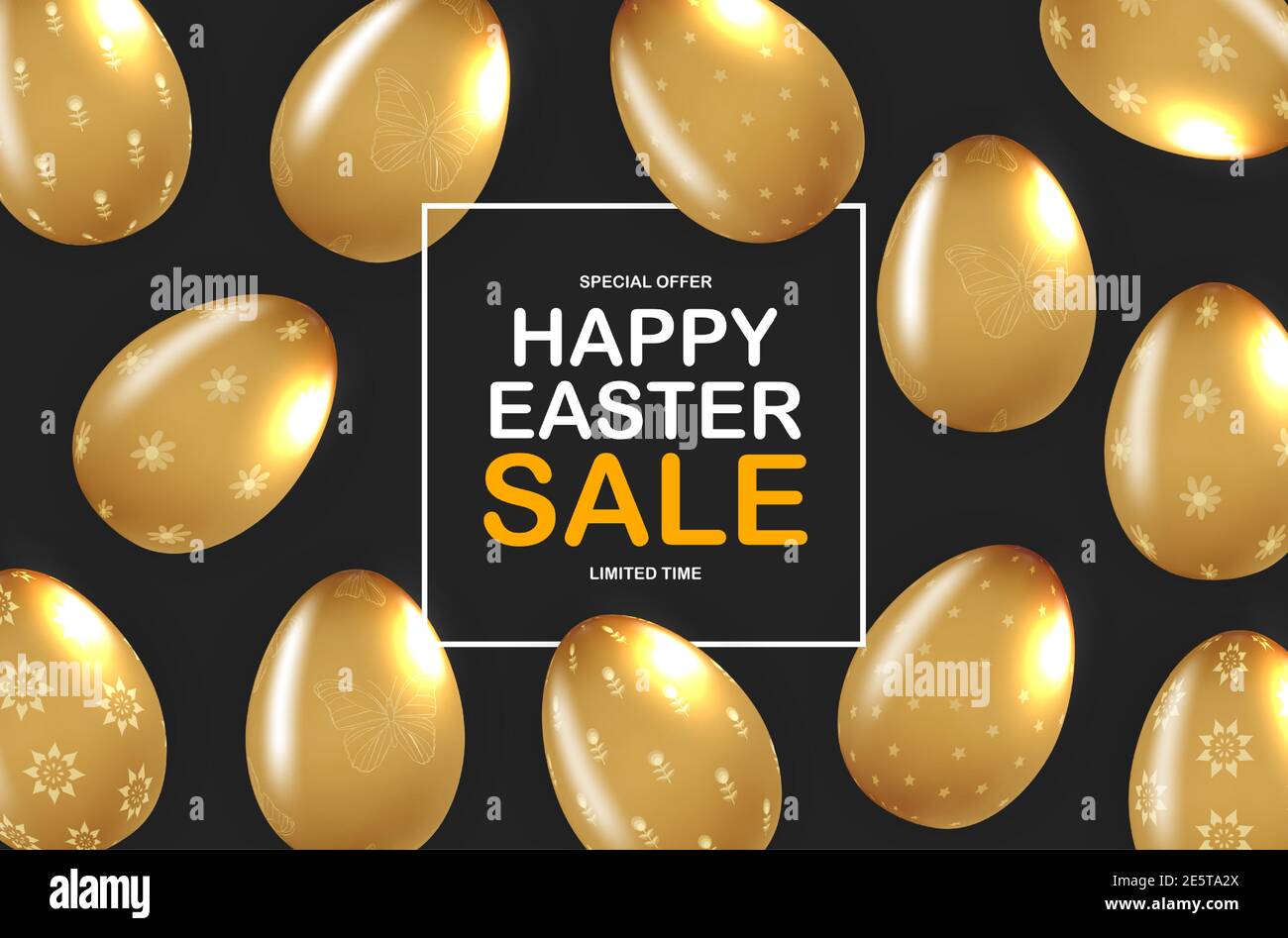 Easter poster template with 3d realistic golden Easter eggs. Template for advertising, poster ...