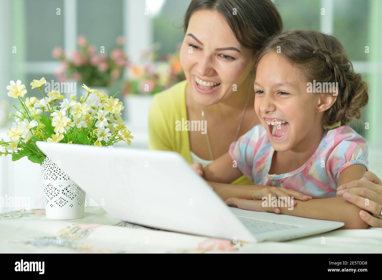 Portrait of mother and daughter using laptop Stock Photo - Alamy