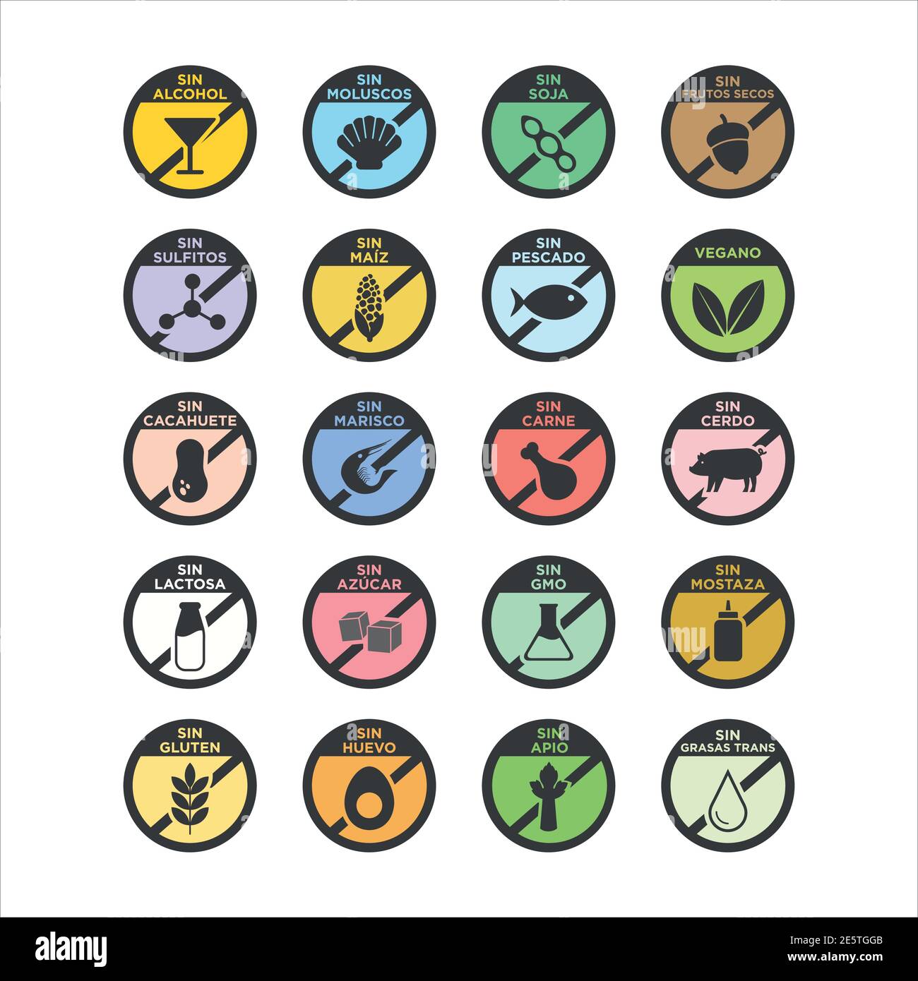 Allergen free icons set written in Spanish. Round and color. Vector ...