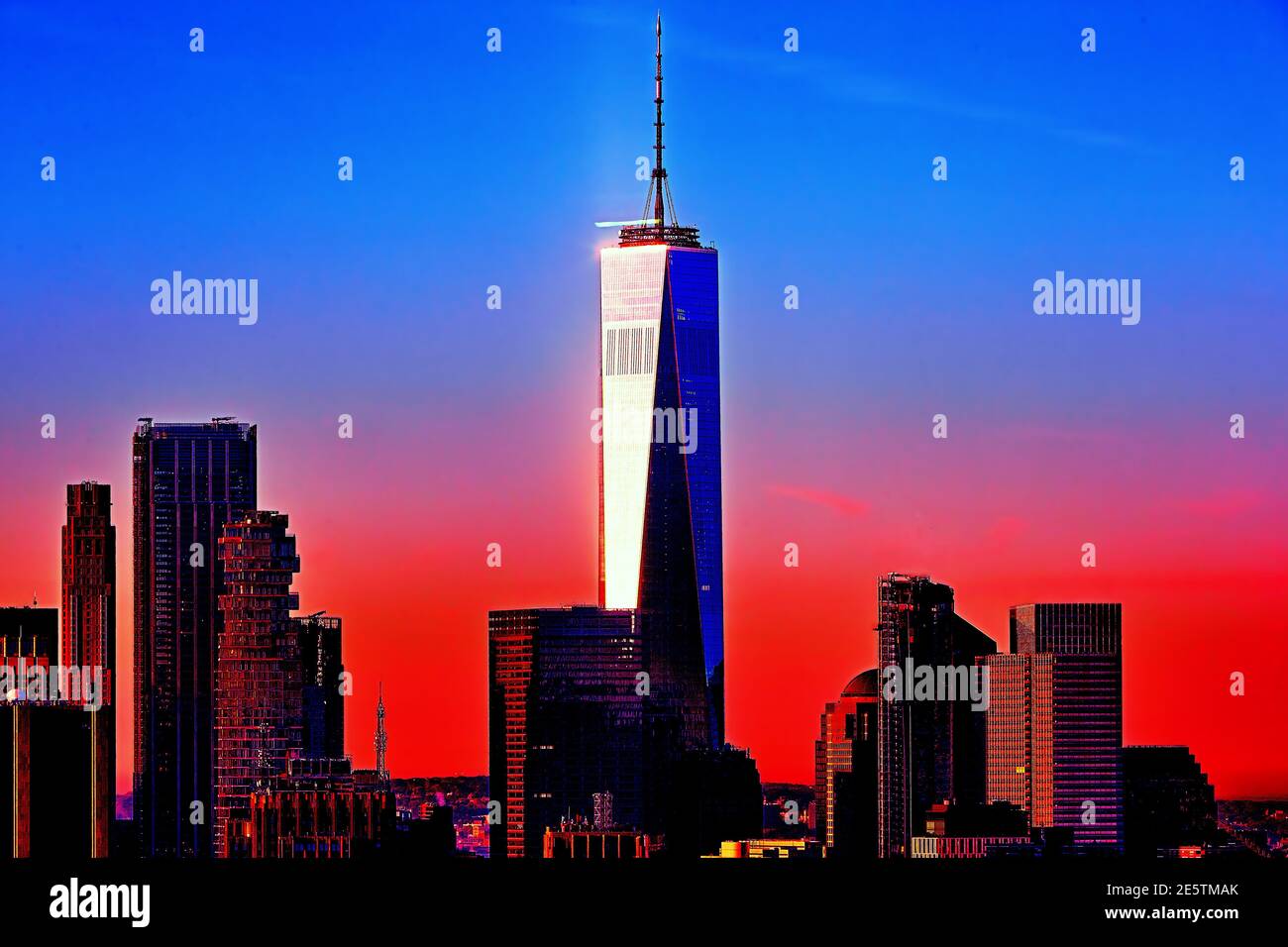 Freedom Tower In New York On Magnificent Blue Red Sky Background Lower