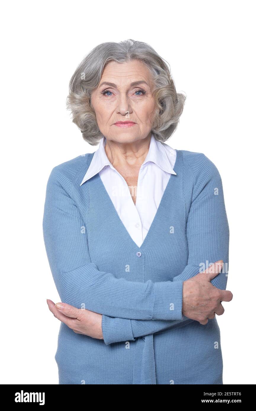 Sad senior woman posing isolated on white background Stock Photo - Alamy