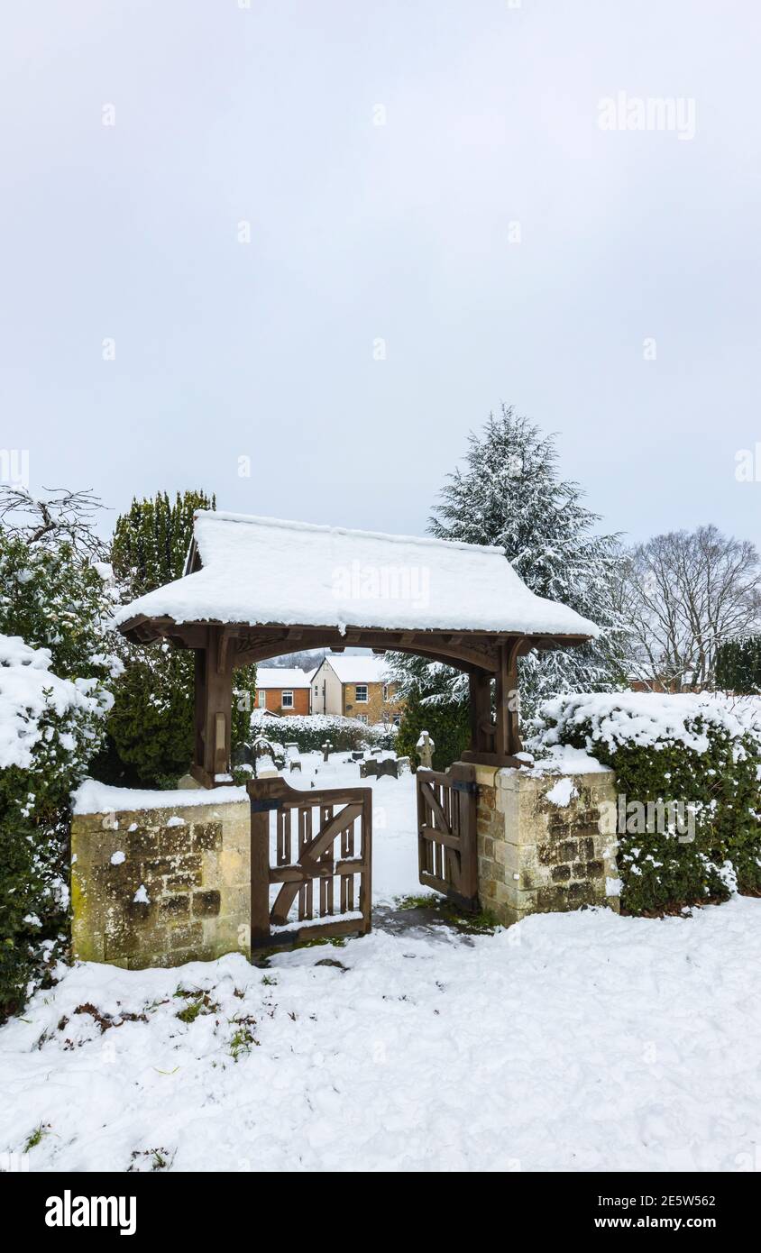 Snow covered lych gate at St John's Church near Woking, Diocese of ...