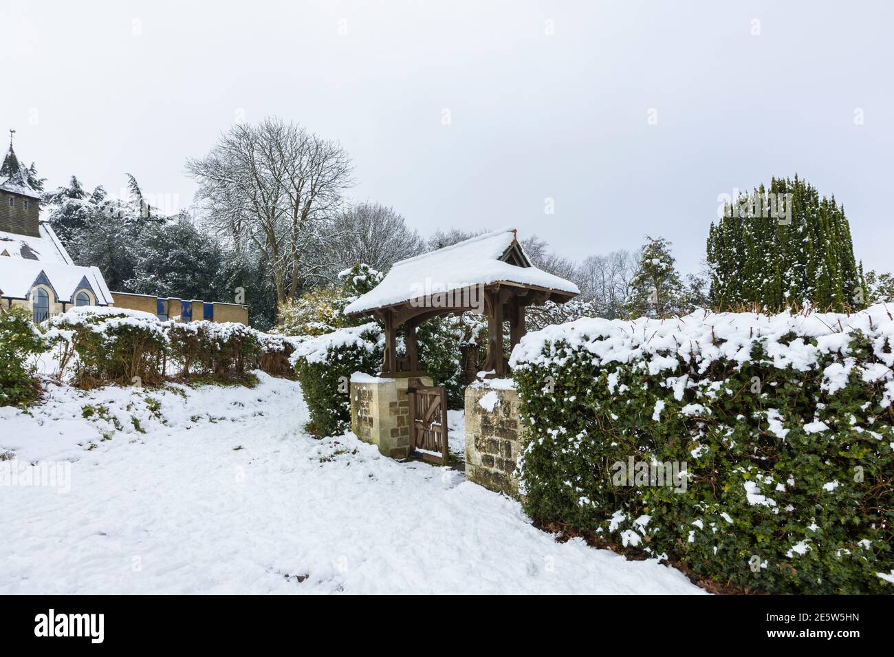 Snow covered lych gate at St John's Church near Woking, Diocese of ...