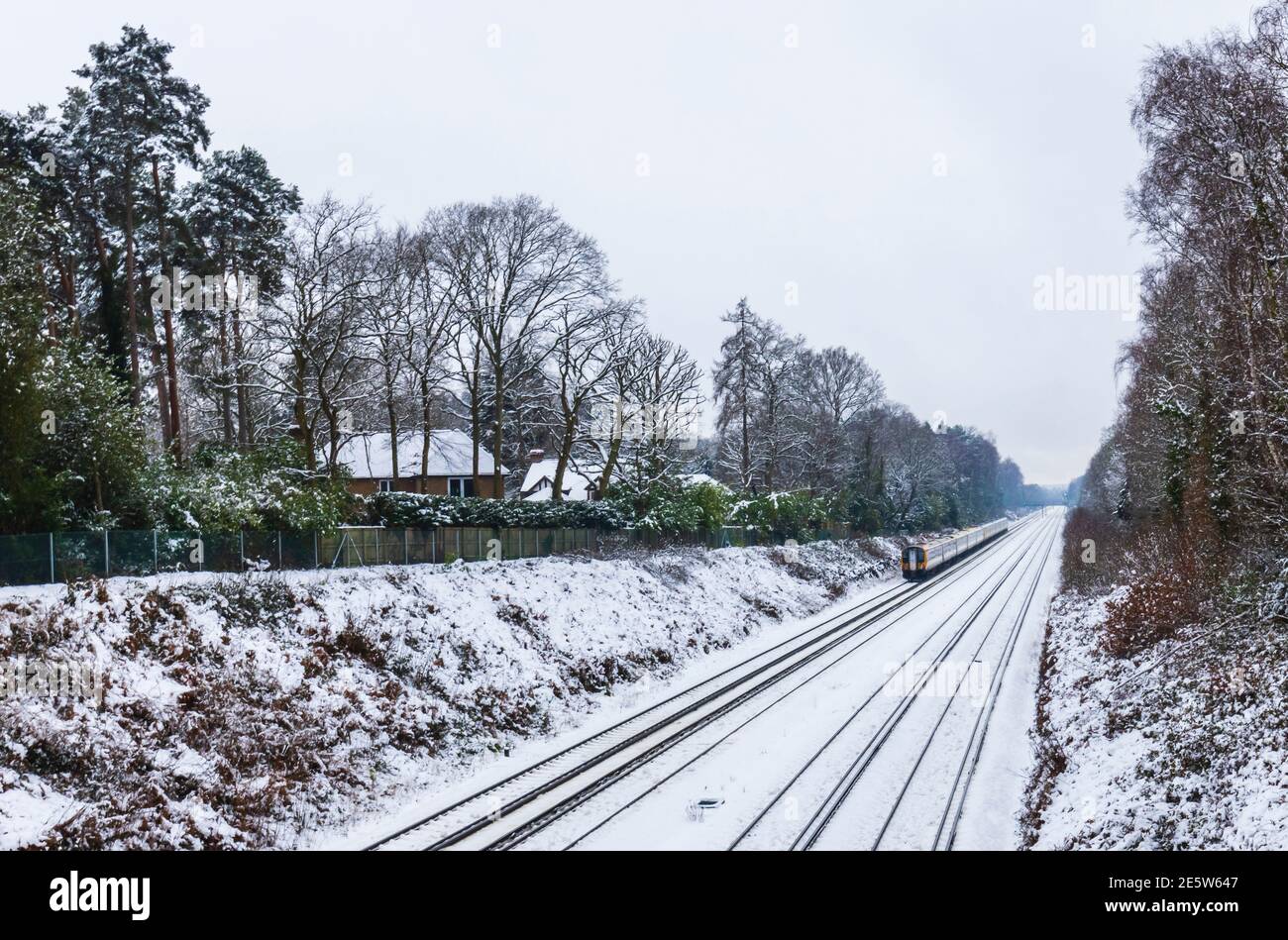 The railway line between Woking and Brookwood in a cutting viewed from ...