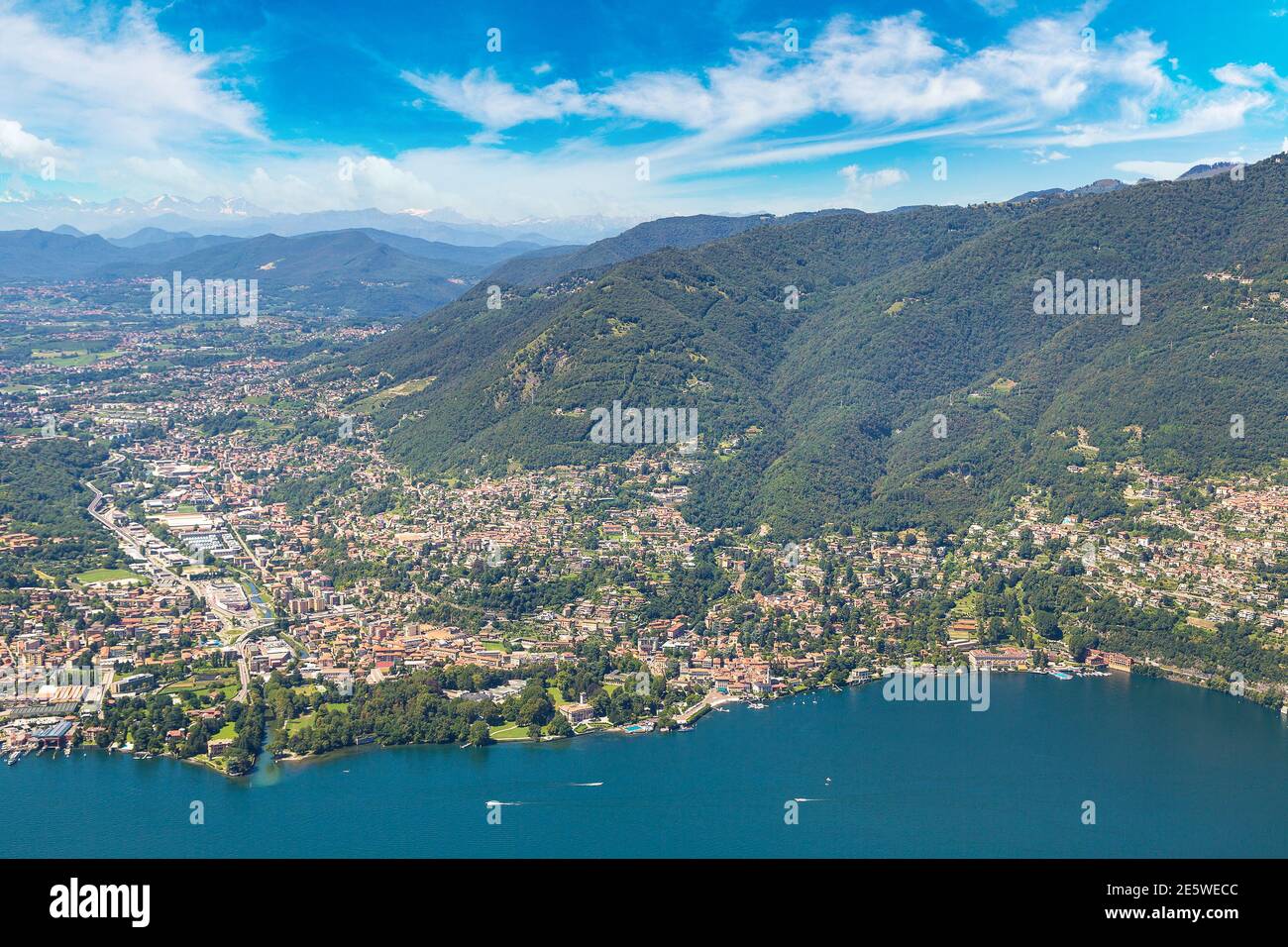 Panoramic aerial view of lake Como in Italy in a beautiful summer day ...