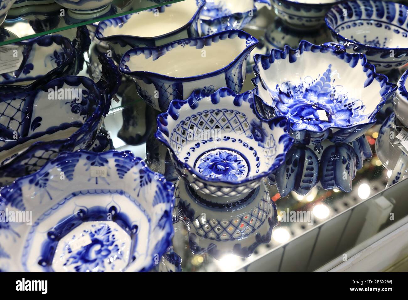 View of gzhel dishes in the store Stock Photo - Alamy