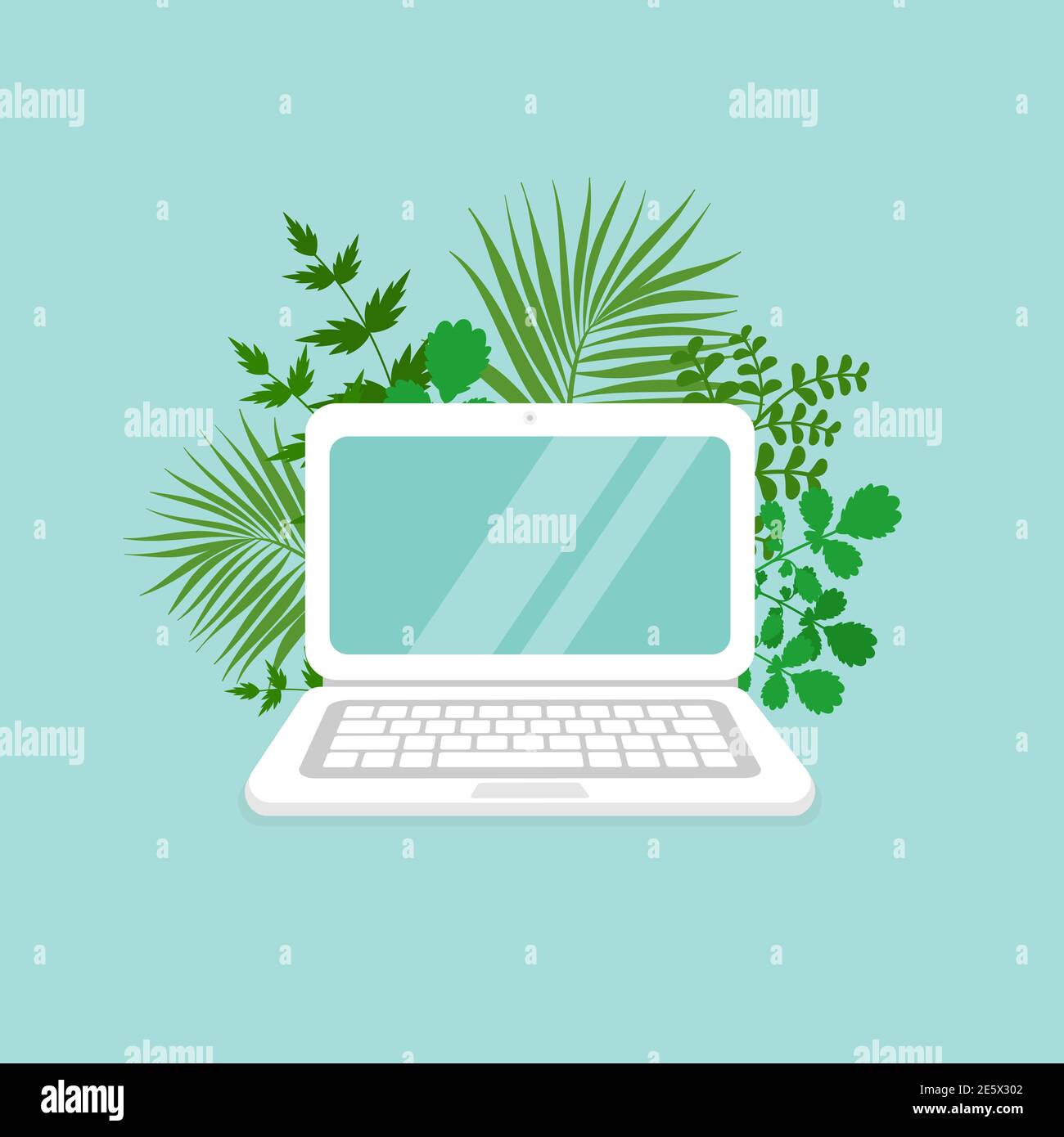 laptop with green branches and twigs. ecology use computer. notebook ...