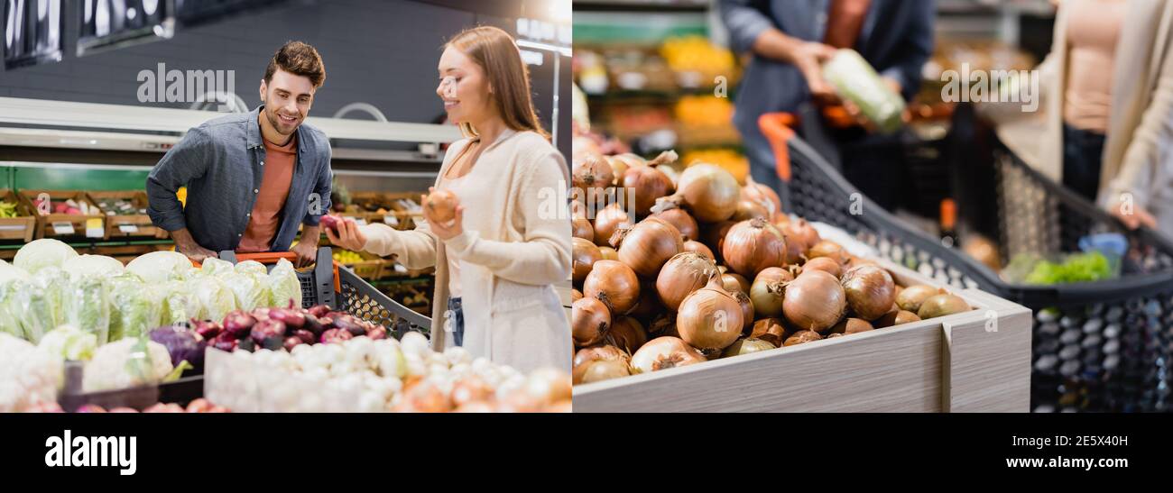 Collage of smiling couple choosing vegetables in supermarket, banner ...