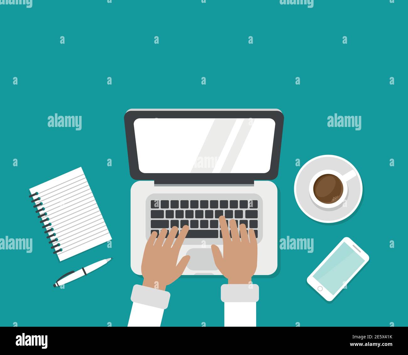 workplace with coffee, smartphone and laptop with hands on the keyboard ...