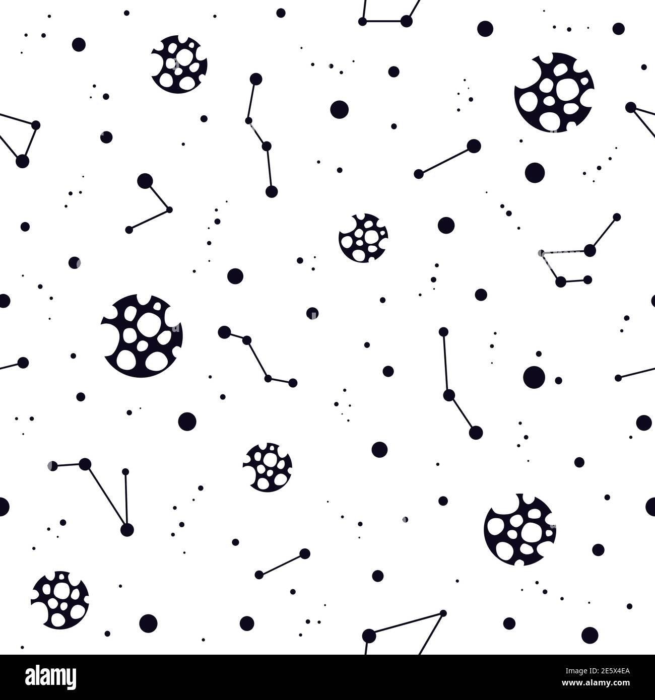 Seamless pattern with black constellations, planets and stars on white ...