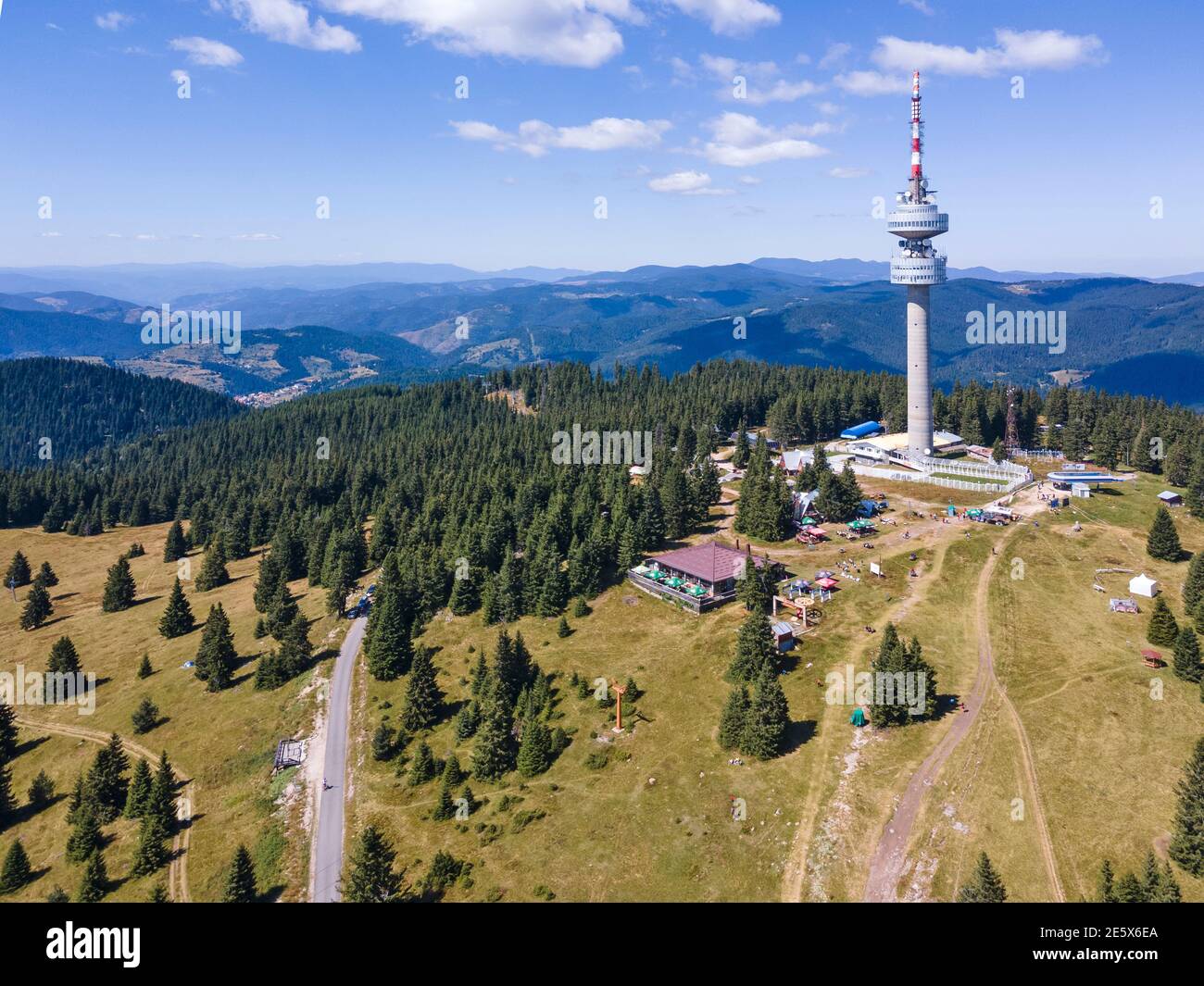 Aerial view of Rhodope Mountains and Snezhanka tower, Smolyan Region ...