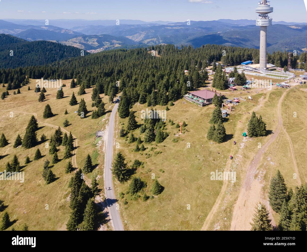 Aerial view of Rhodope Mountains and Snezhanka tower, Smolyan Region ...