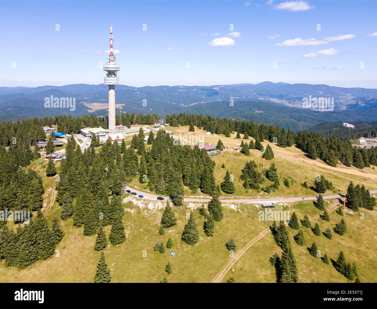 Aerial view of Rhodope Mountains and Snezhanka tower, Smolyan Region ...