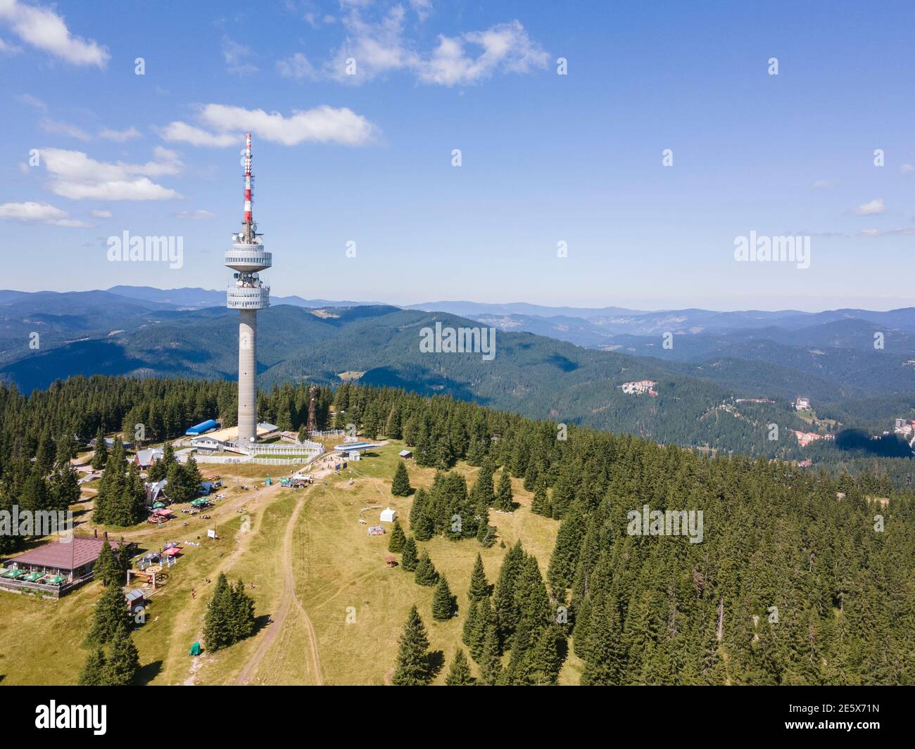 Aerial view of Rhodope Mountains and Snezhanka tower, Smolyan Region ...