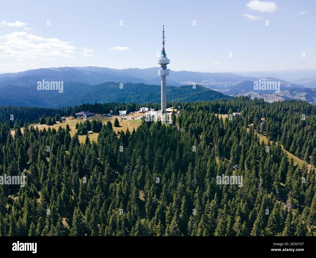 Aerial view of Rhodope Mountains and Snezhanka tower, Smolyan Region ...