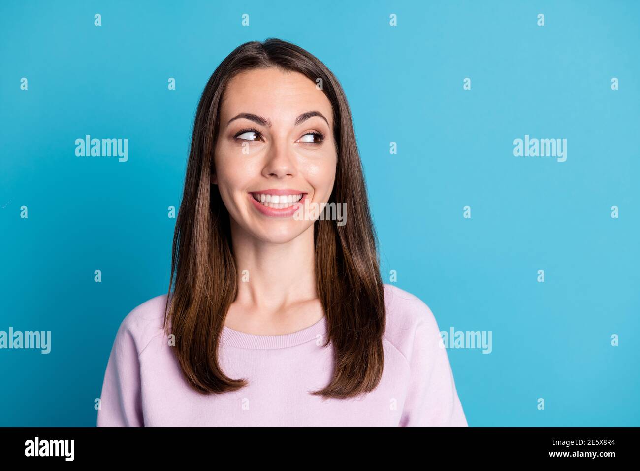 Photo of cute pretty charming young lady wondering look side empty ...