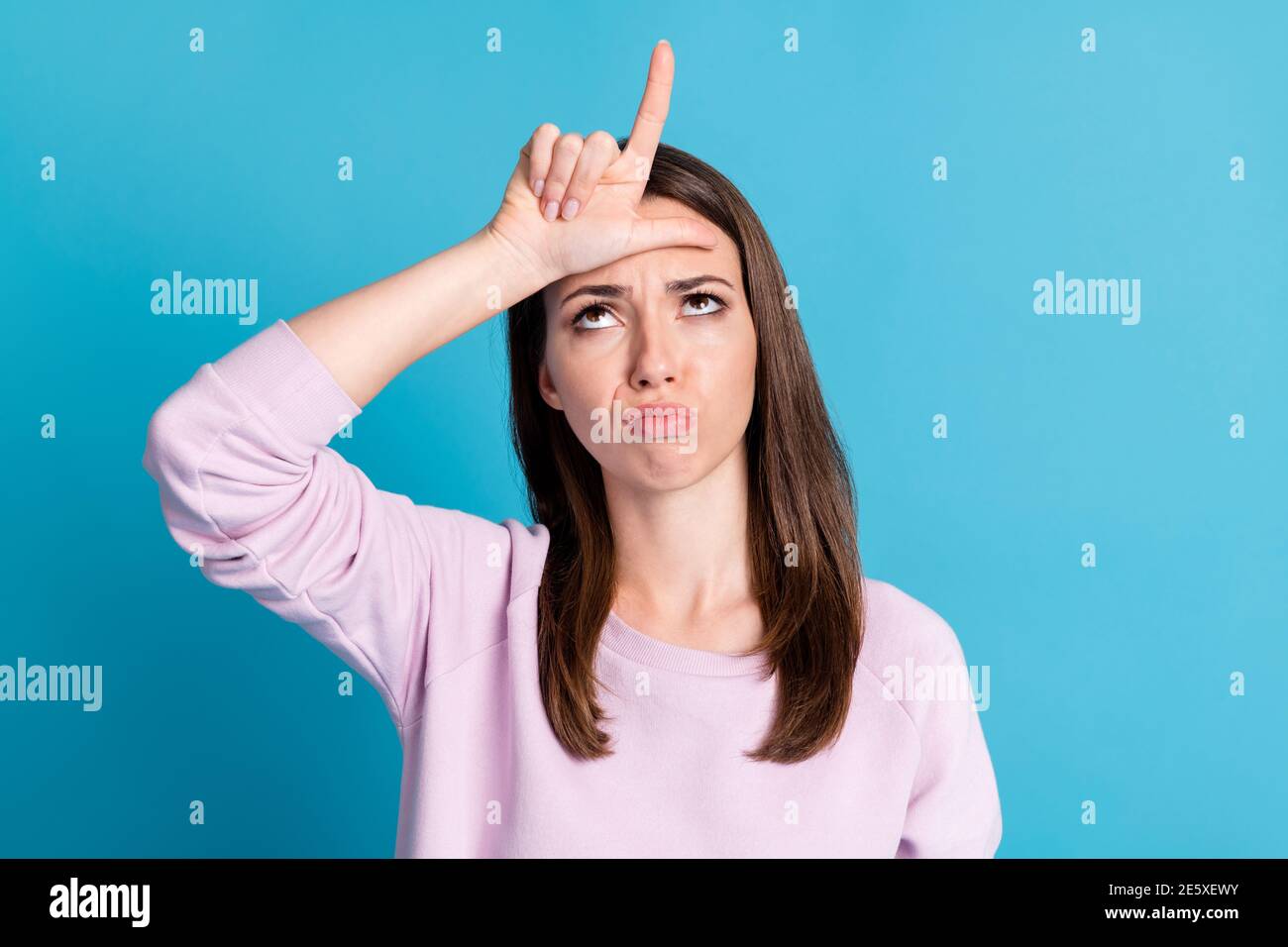 Closeup photo of attractive sad depressed lady showing making fingers ...