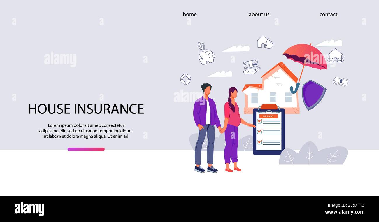 Property insurance policy services web banner template with young ...