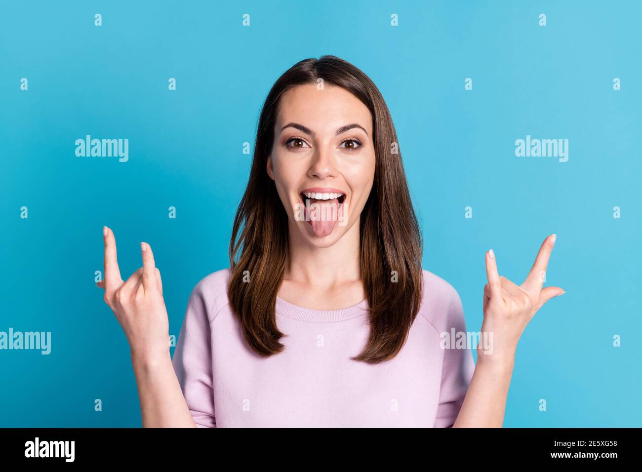 Closeup photo of attractive crazy funky lady open mouth protruding ...