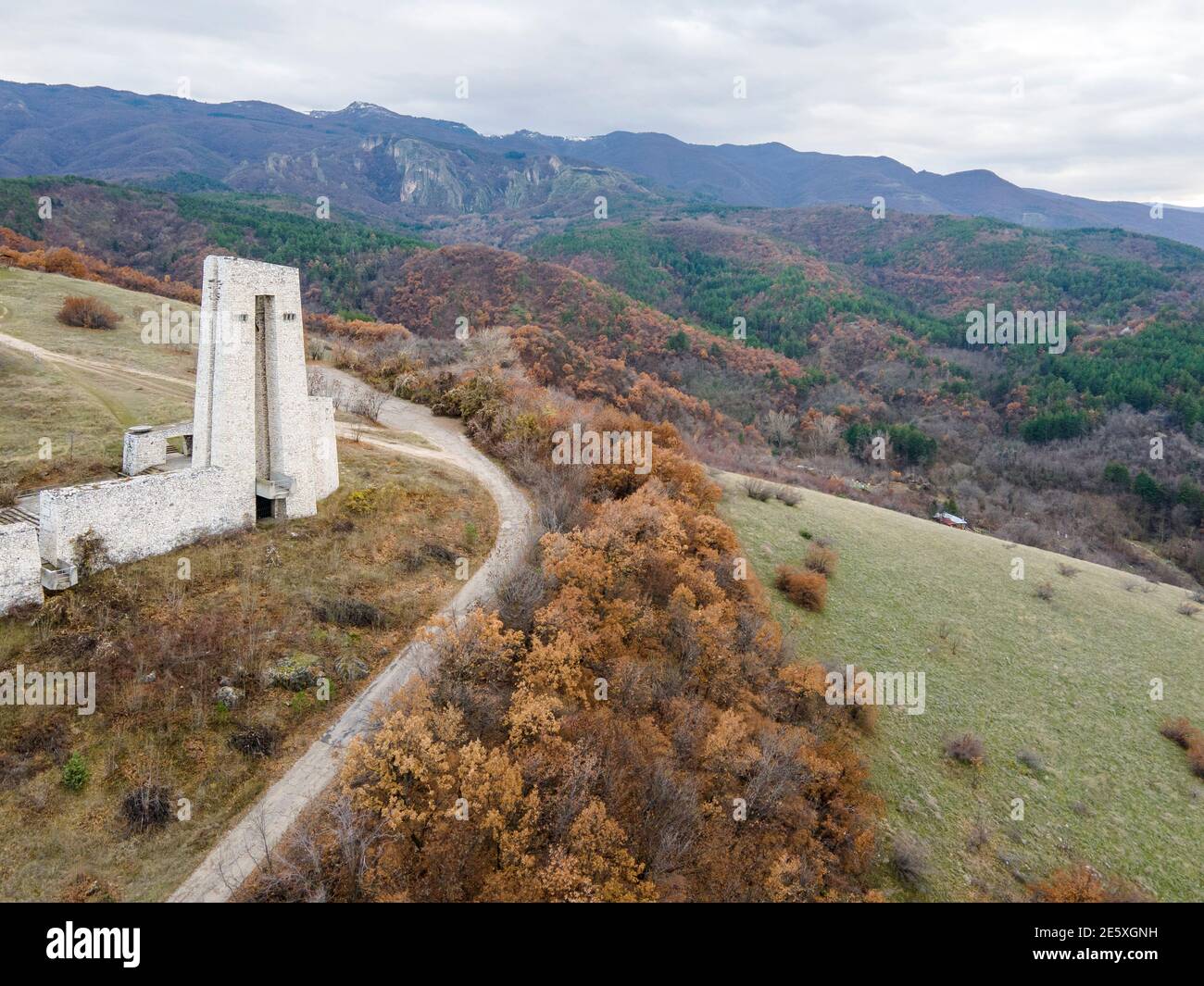 Aerial view of Monument Of The Three Generations near town of ...