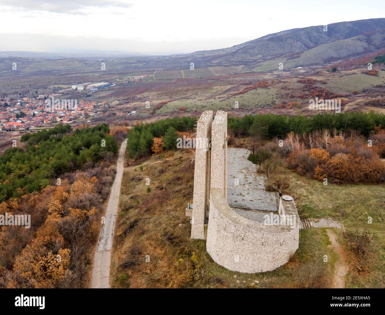 Aerial view of Monument Of The Three Generations near town of ...