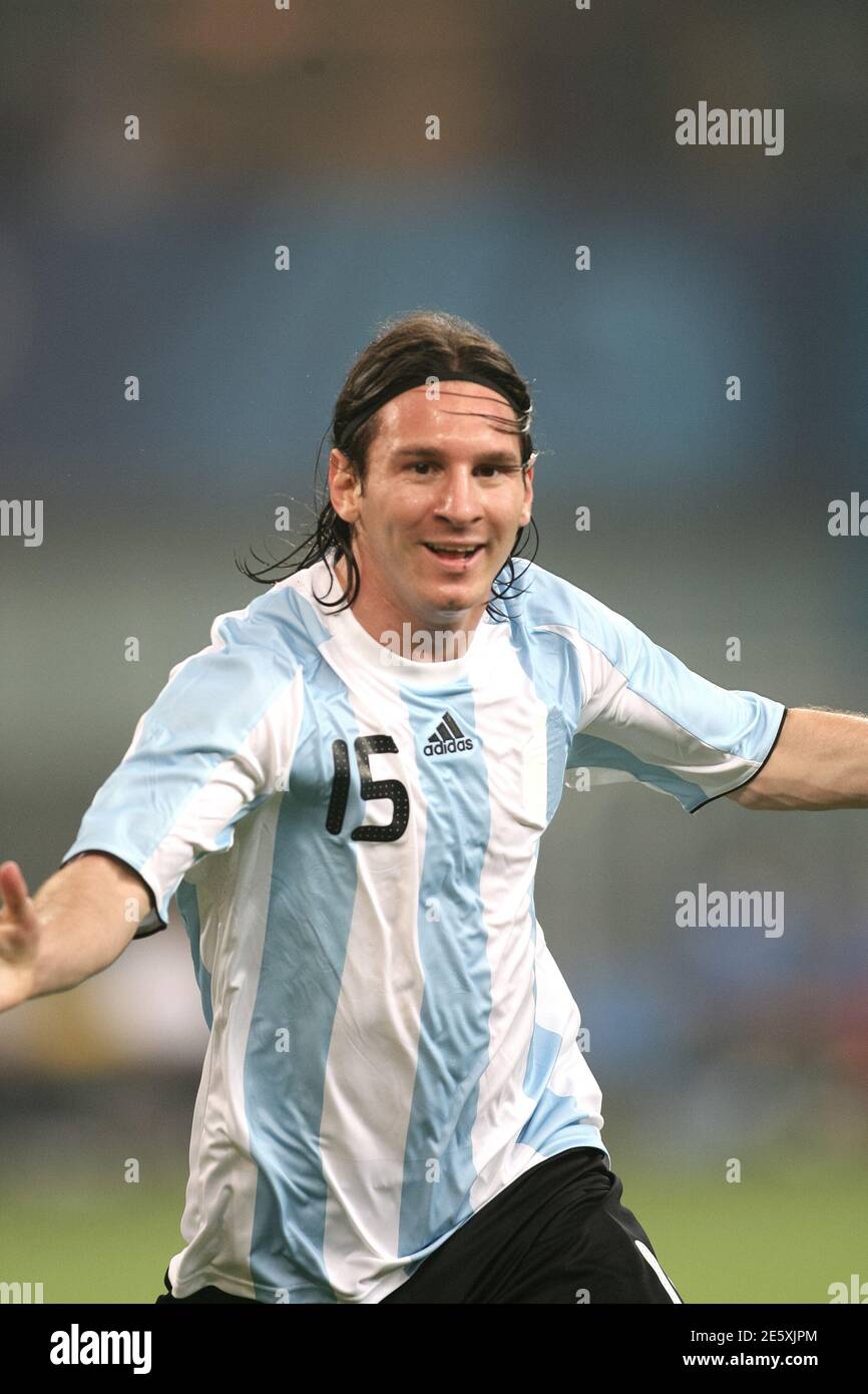 Lionel Messi after scoring at the 2008 Olympic Games in a game against ...