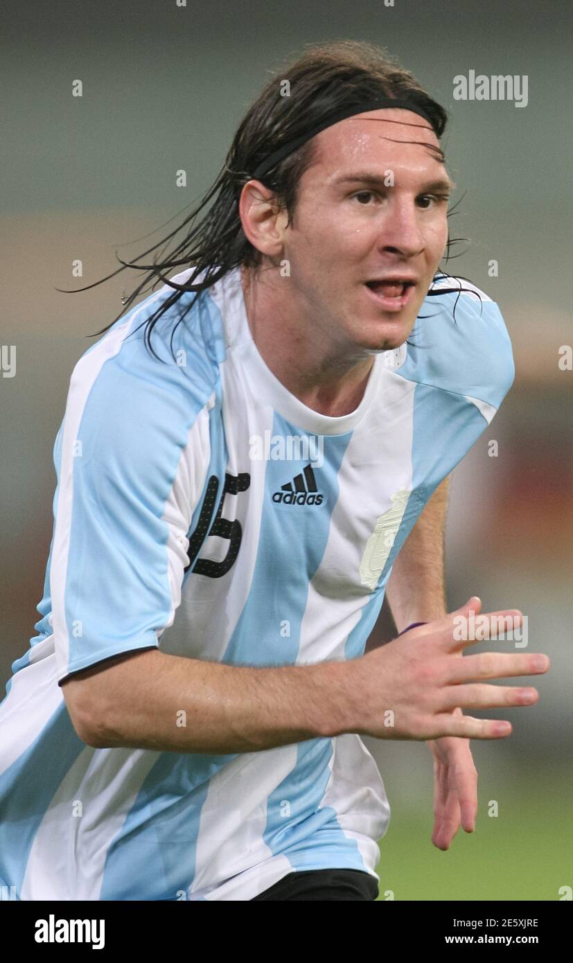 Lionel Messi after scoring at the 2008 Olympic Games in a game against ...