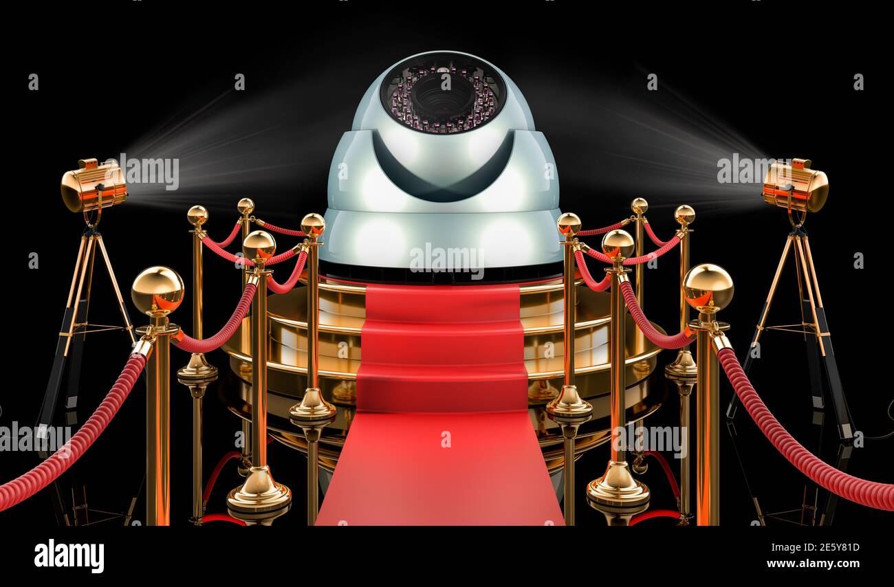 Podium with dome security camera, 3D rendering isolated on black ...