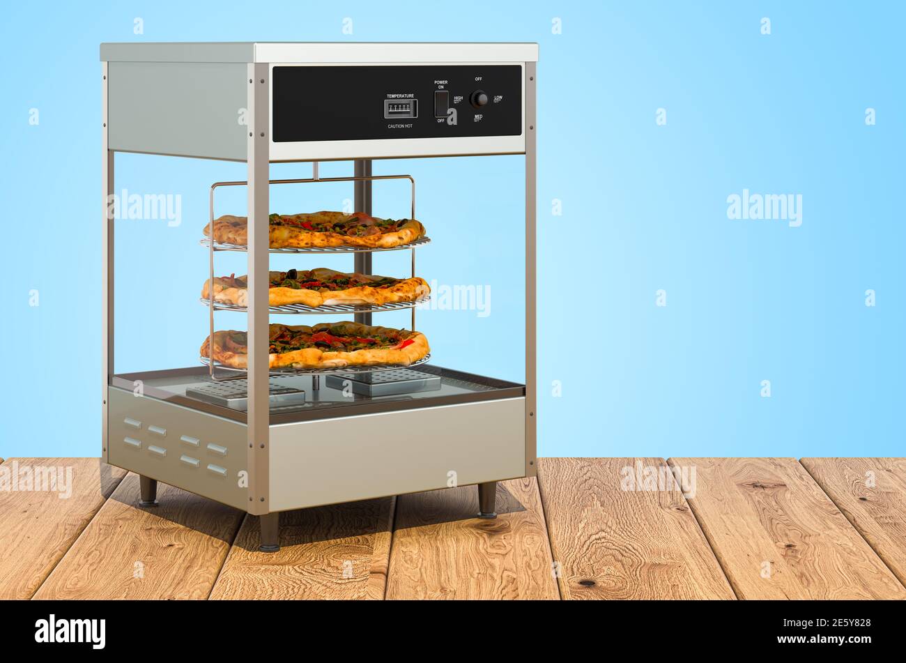 Open View Pizza Merchandiser on the wooden planks, 3D rendering Stock ...