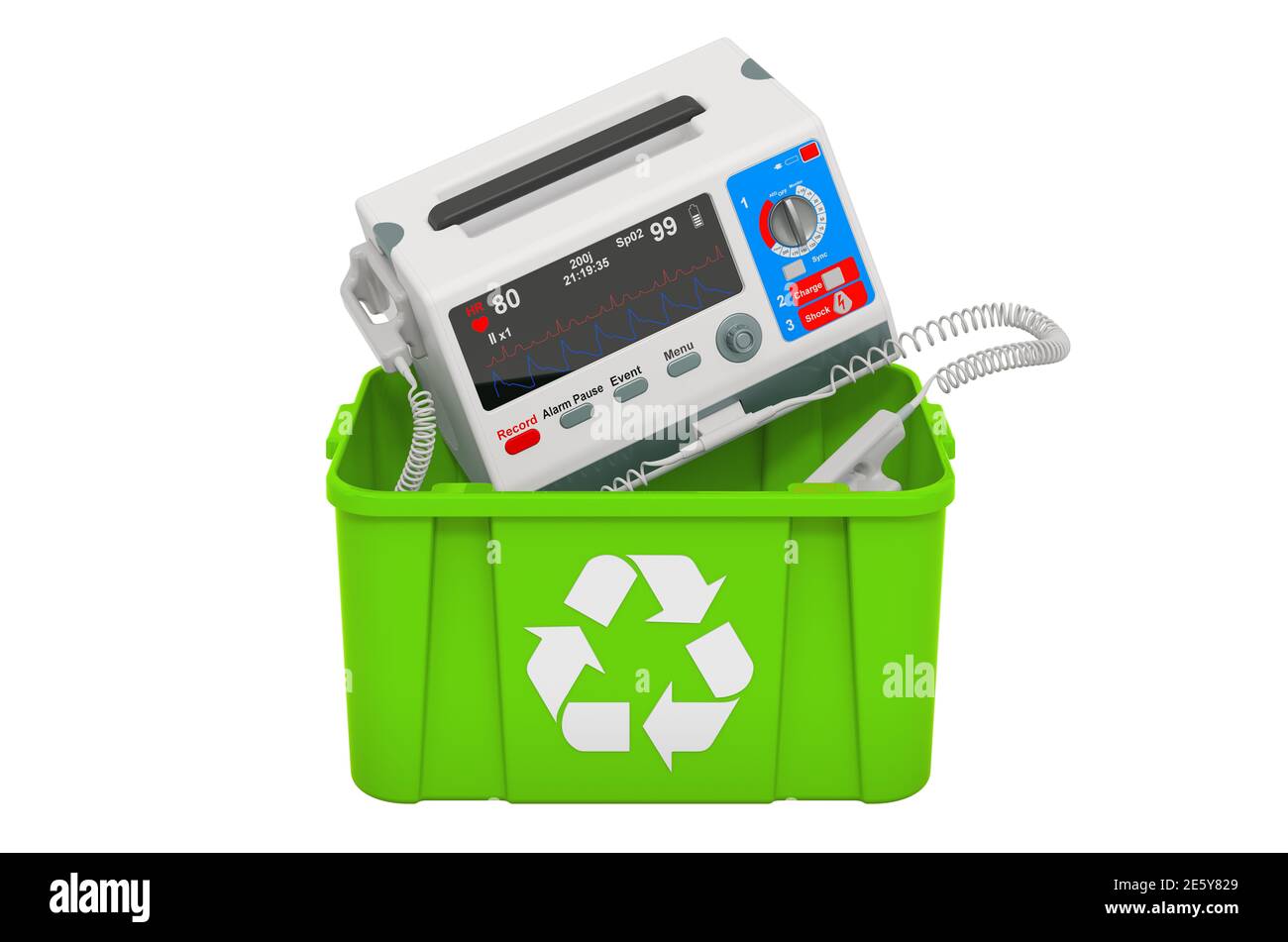 Recycling trashcan with defibrillator, 3D rendering isolated on white ...