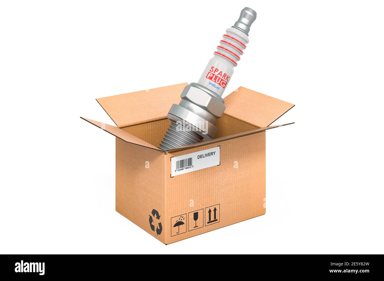 Spark plug inside cardboard box, delivery concept. 3D rendering ...
