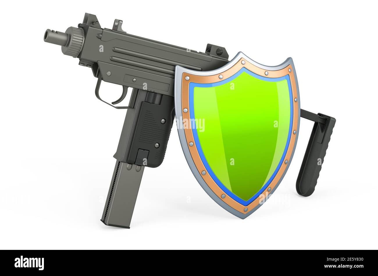 Submachine gun with shield, 3D rendering isolated on white background ...