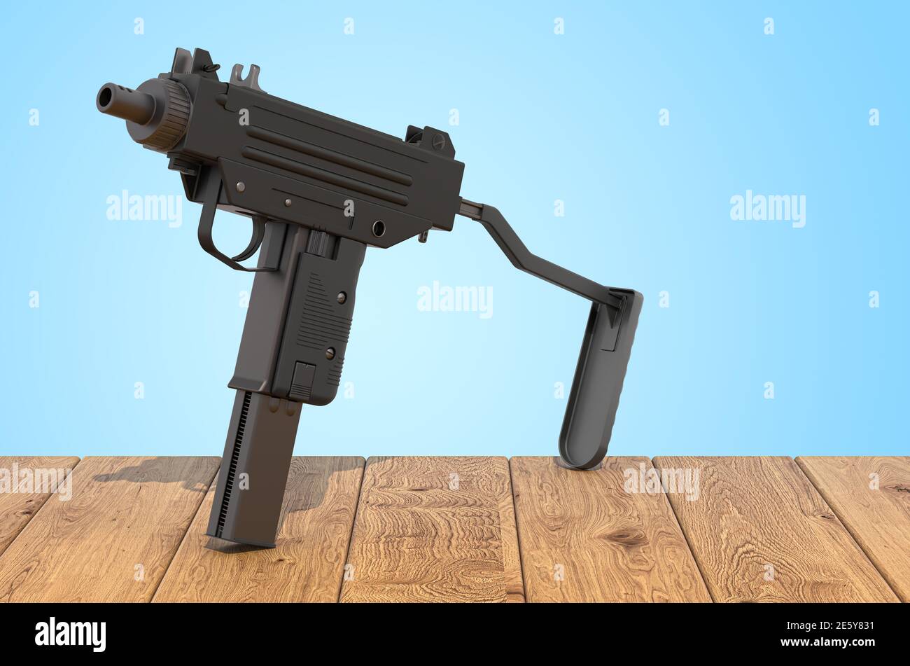 Submachine gun on the wooden planks, 3D rendering Stock Photo - Alamy