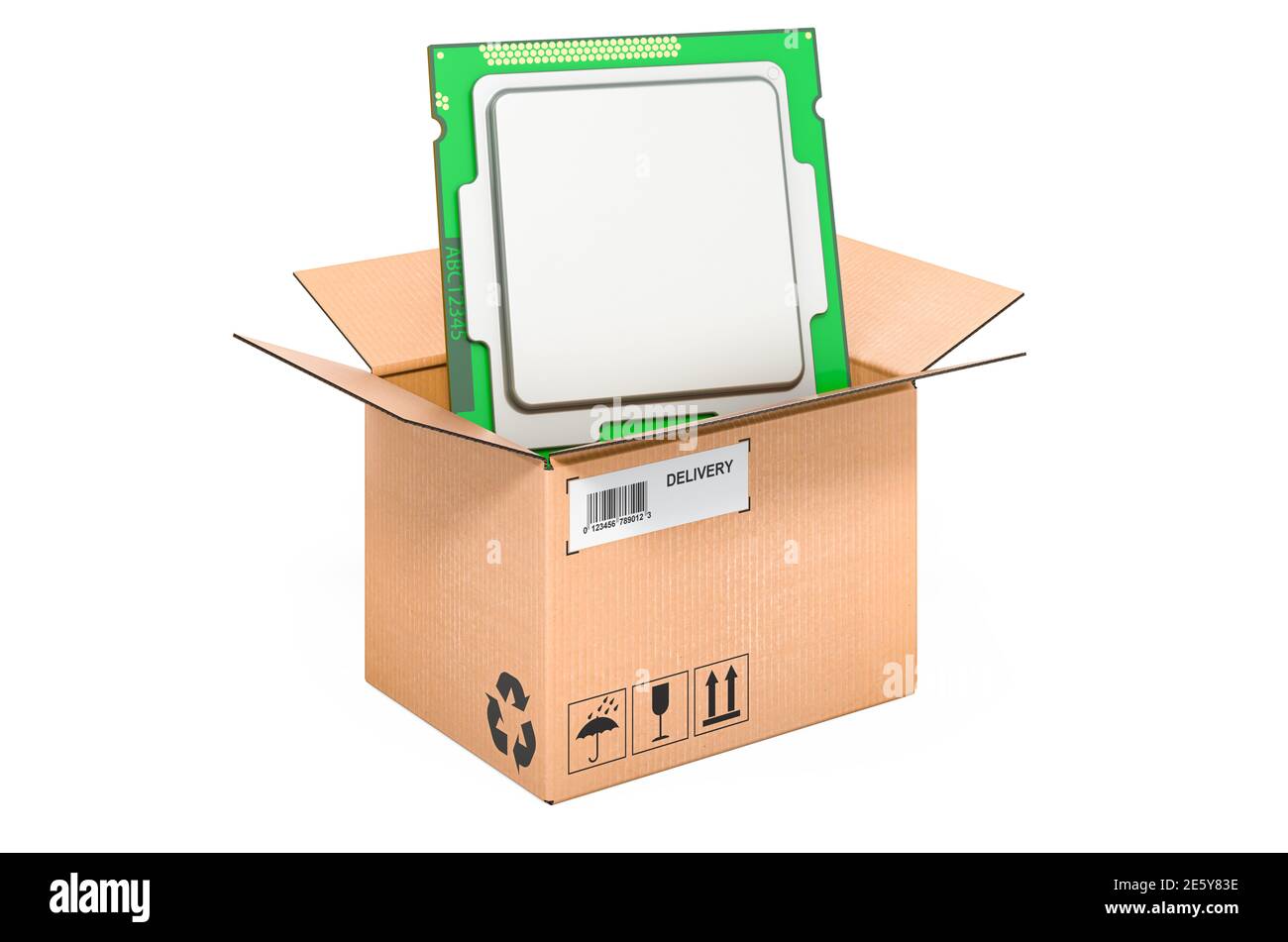 CPU inside cardboard box, delivery concept. 3D rendering isolated on ...