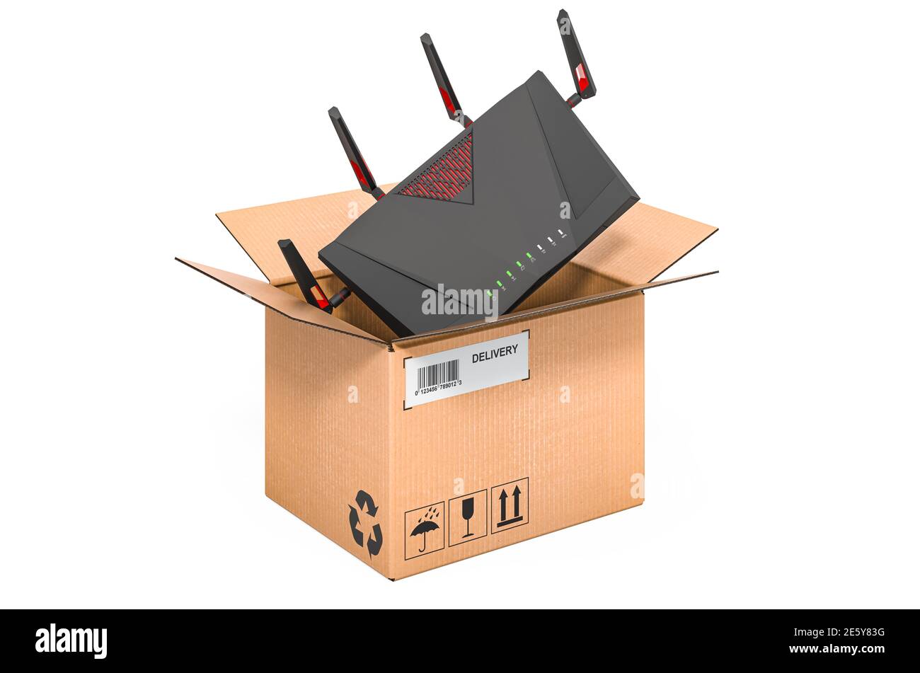 6G router inside cardboard box, delivery concept. 3D rendering isolated ...
