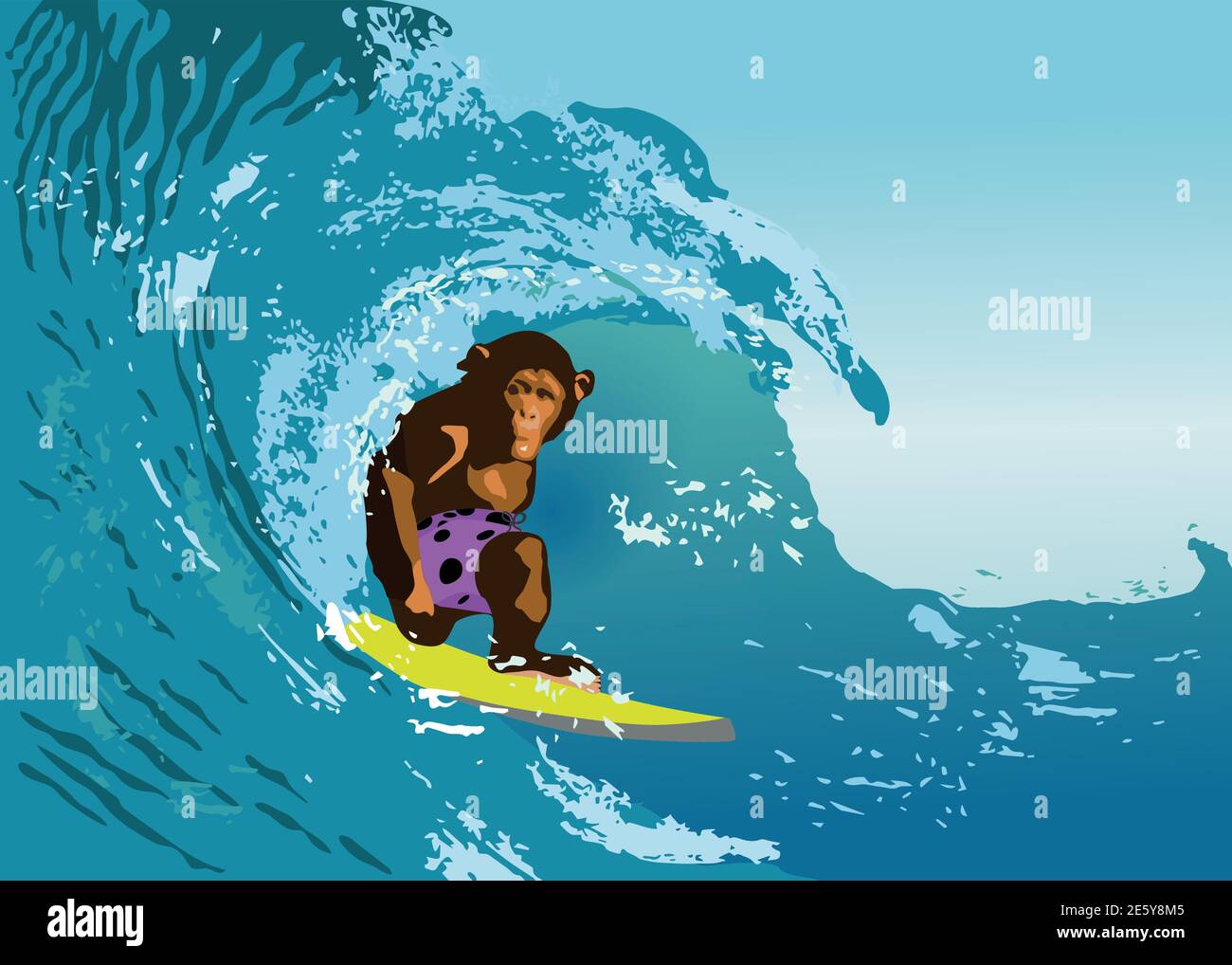 Vector illustration Monkey surfing Monkey Surfer catches a wave with sea, sky and splashing ...
