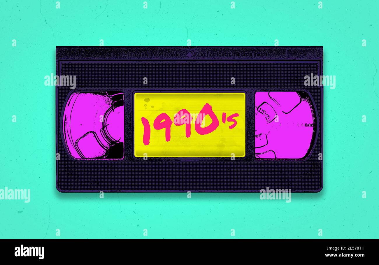 A vibrant and colorful retro synthwave 1990's themed old black VHS ...