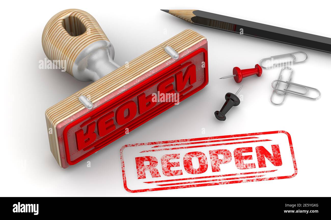Reopen. The stamp and an imprint. Wooden stamp and red imprint REOPEN ...
