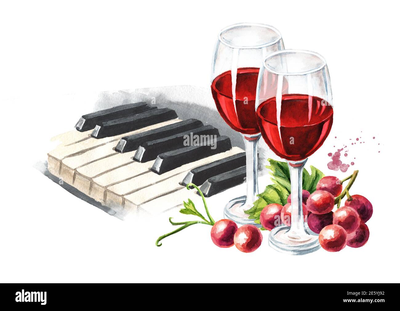 Piano keys and wine. Hand drawn watercolor illustration isolated on ...