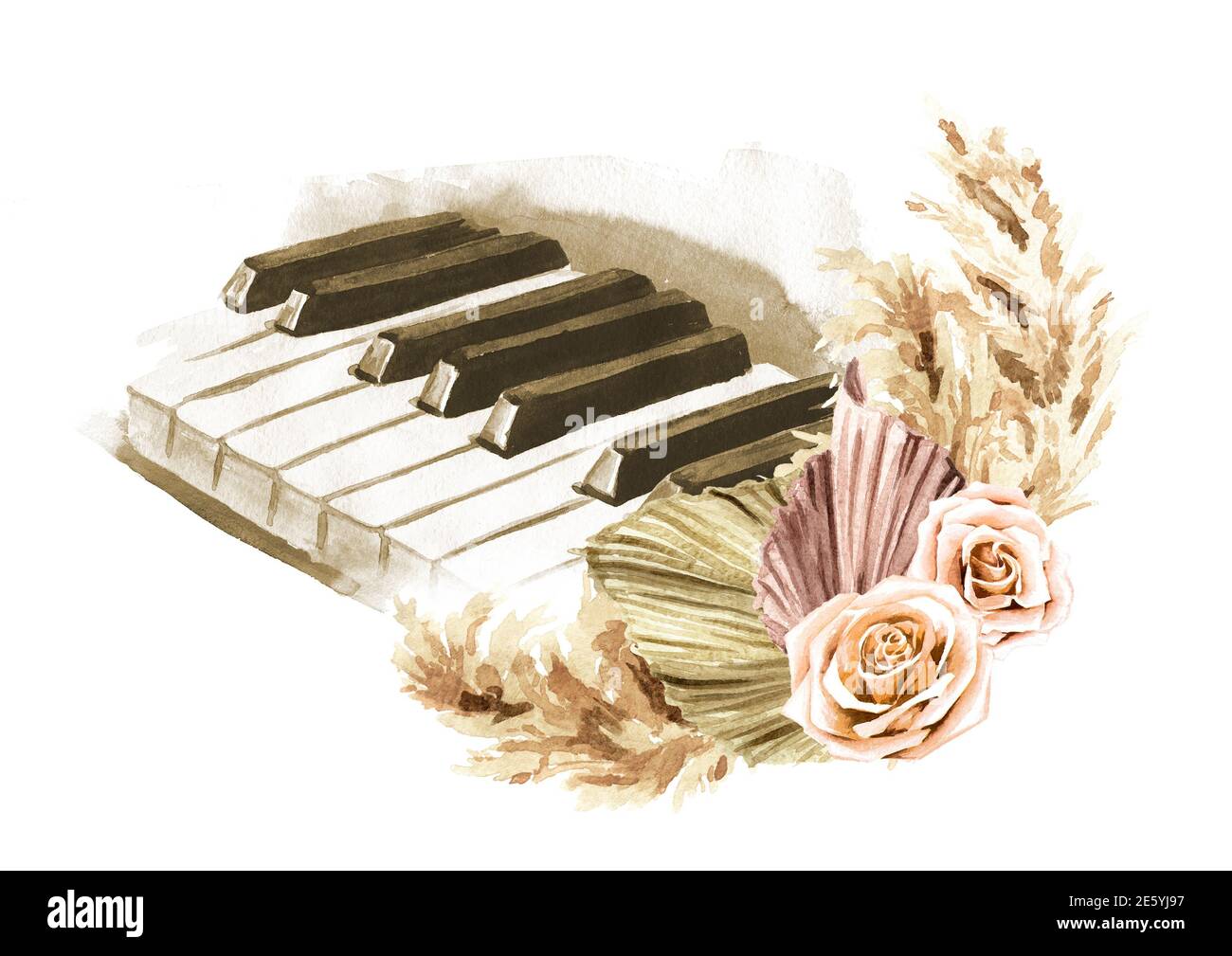 Piano keys and boho composition. Hand drawn watercolor illustration ...