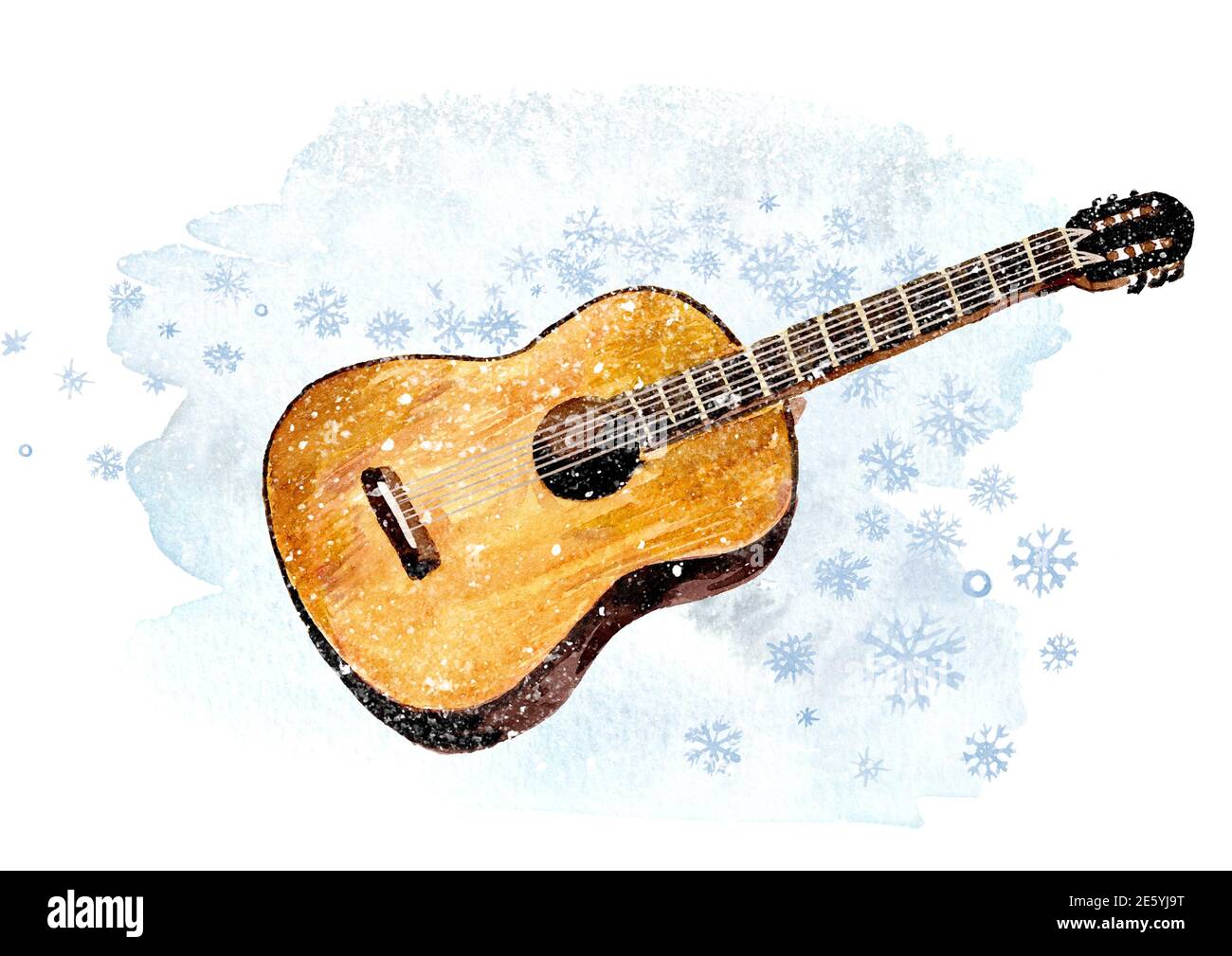 Wooden guitar music string instrument and snowflakes. Winter song ...