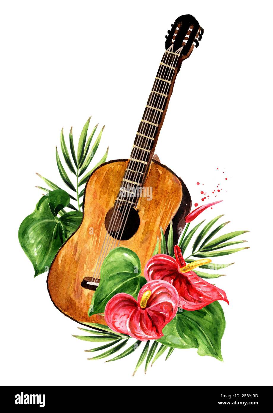 Wooden guitar music string instrument and tropical flowers. Beach party ...